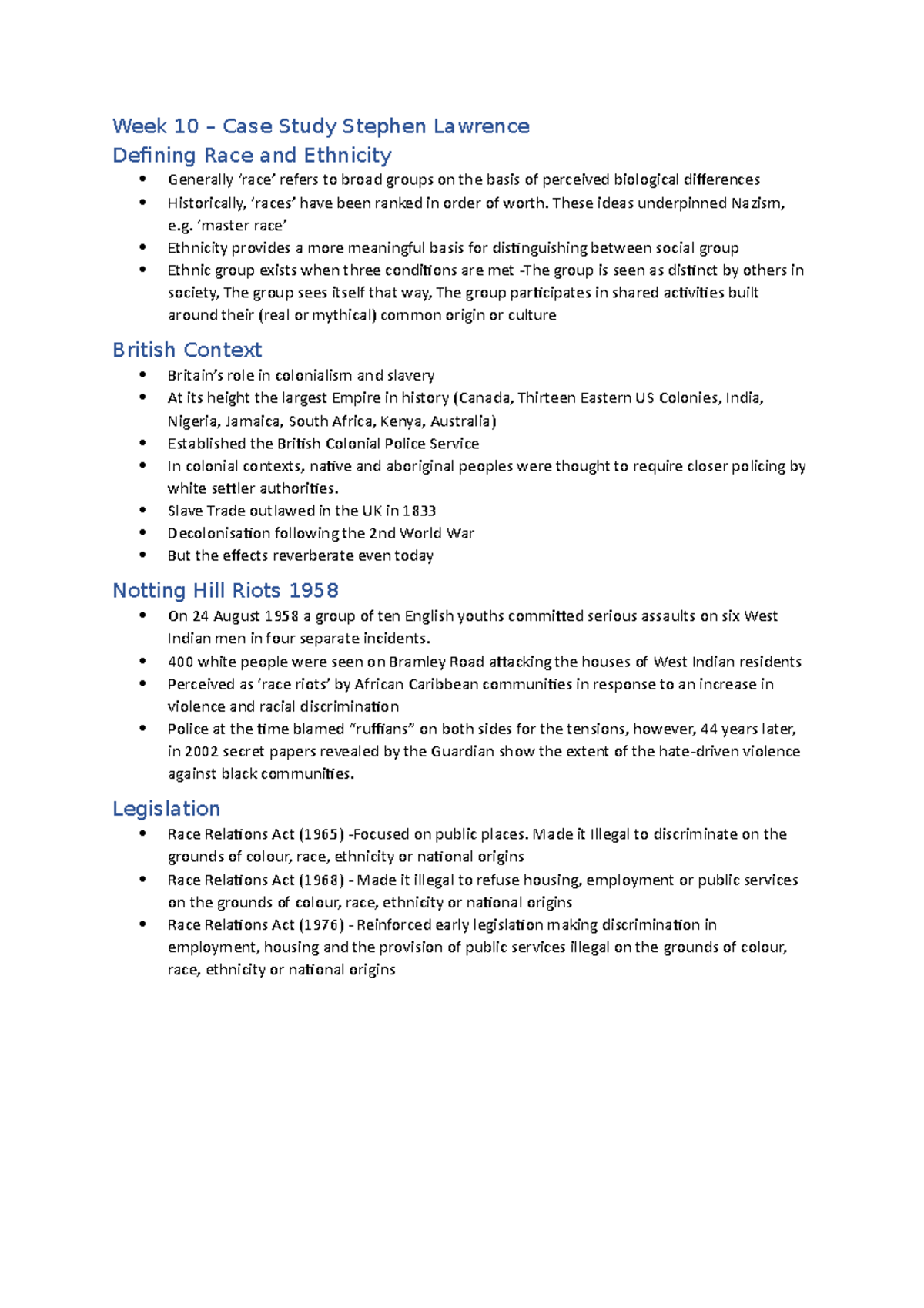 Week 10 - Racism and Stephen Lawerence Case Study - Week 10 – Case ...
