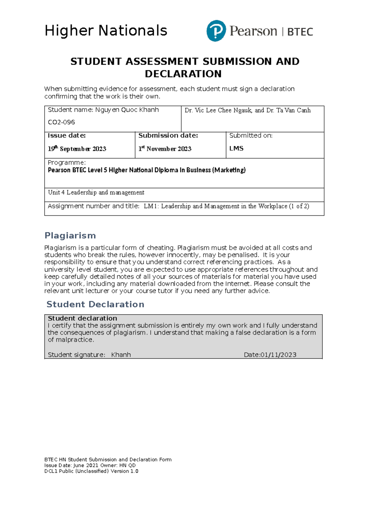 CO2-096 Nguyen Quoc Khanh LM A1 D - Higher Nationals STUDENT ASSESSMENT ...