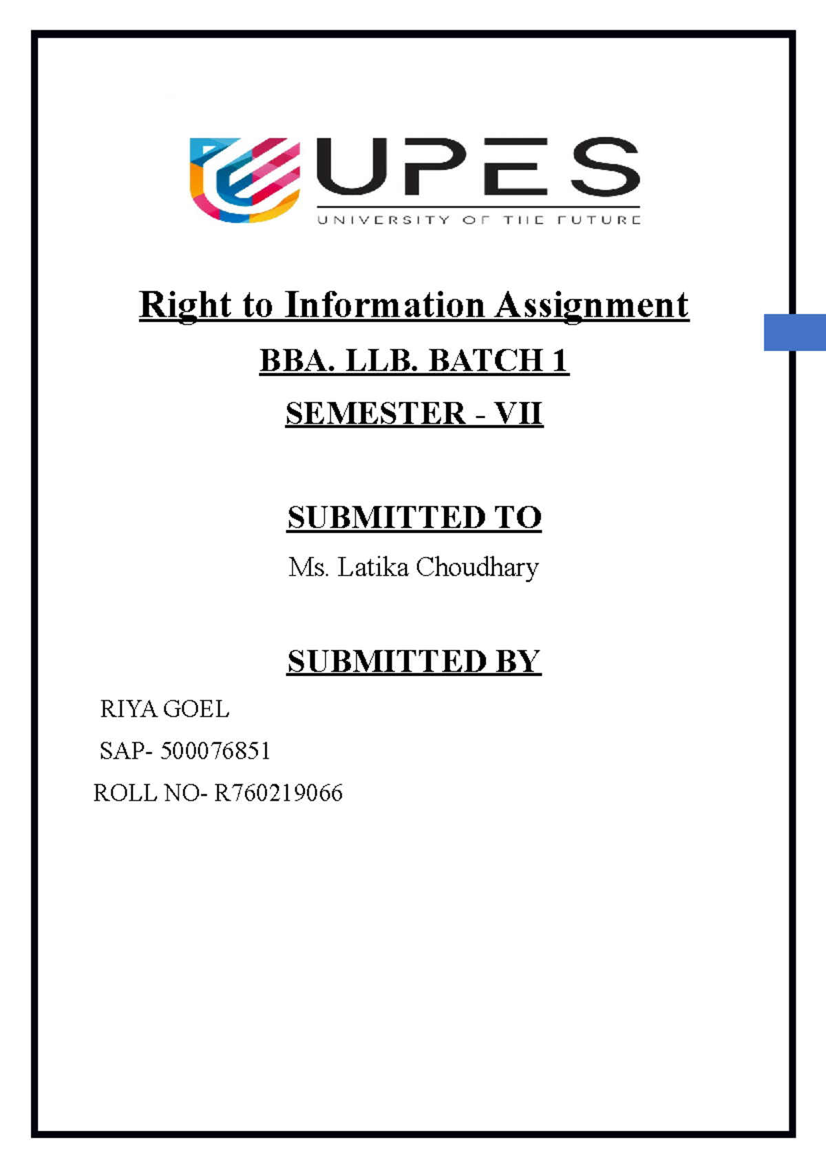 RTI Asiignment - Right to Information Assignment BBA. LLB. BATCH 1 ...