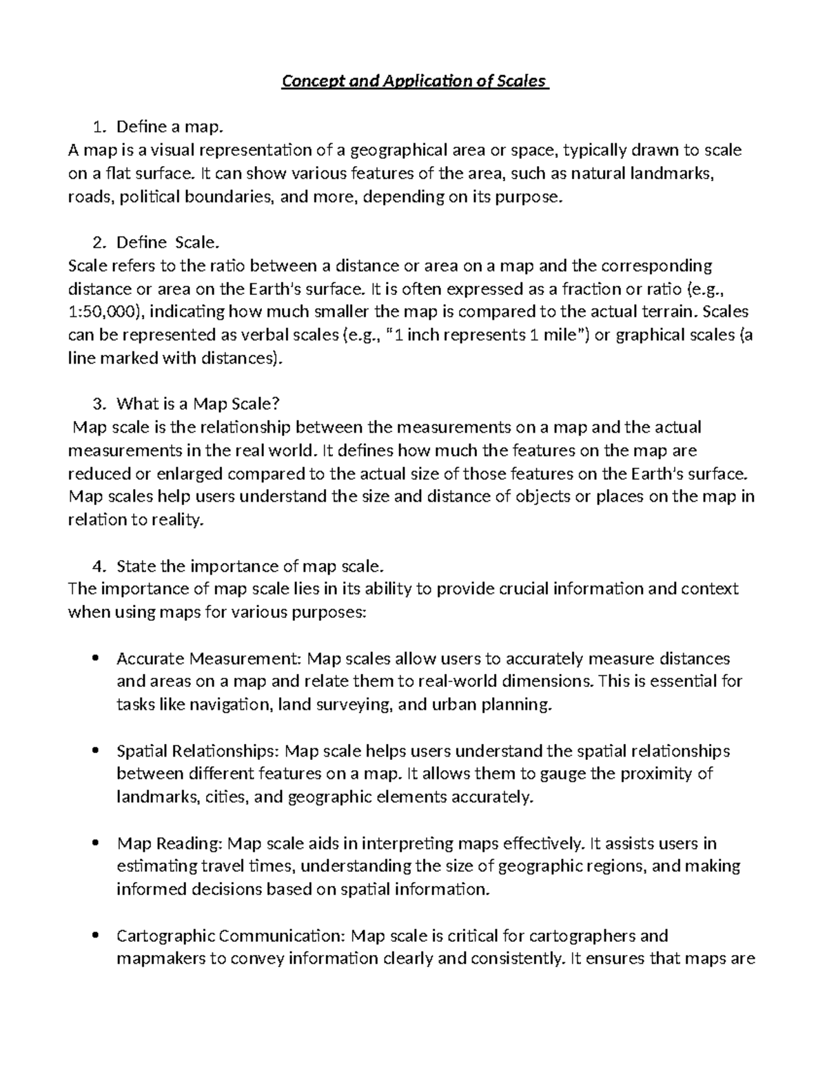 Unit I Cartography - Concept and Application of Scales Define a map. A ...