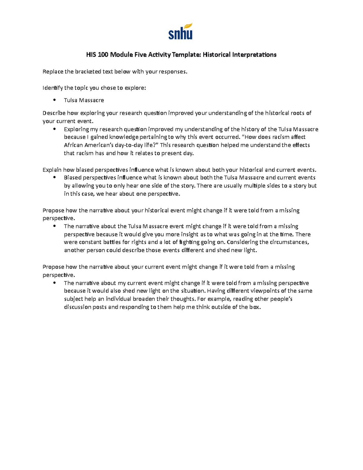 HIS 100 Module Five Activity Template - Identify the topic you chose to ...