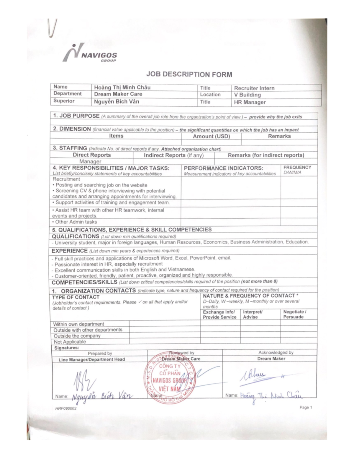 JOB Description FORM - Nò d gh ctfxtcgc d t h j u i ũng - Tin sinh hoc ...