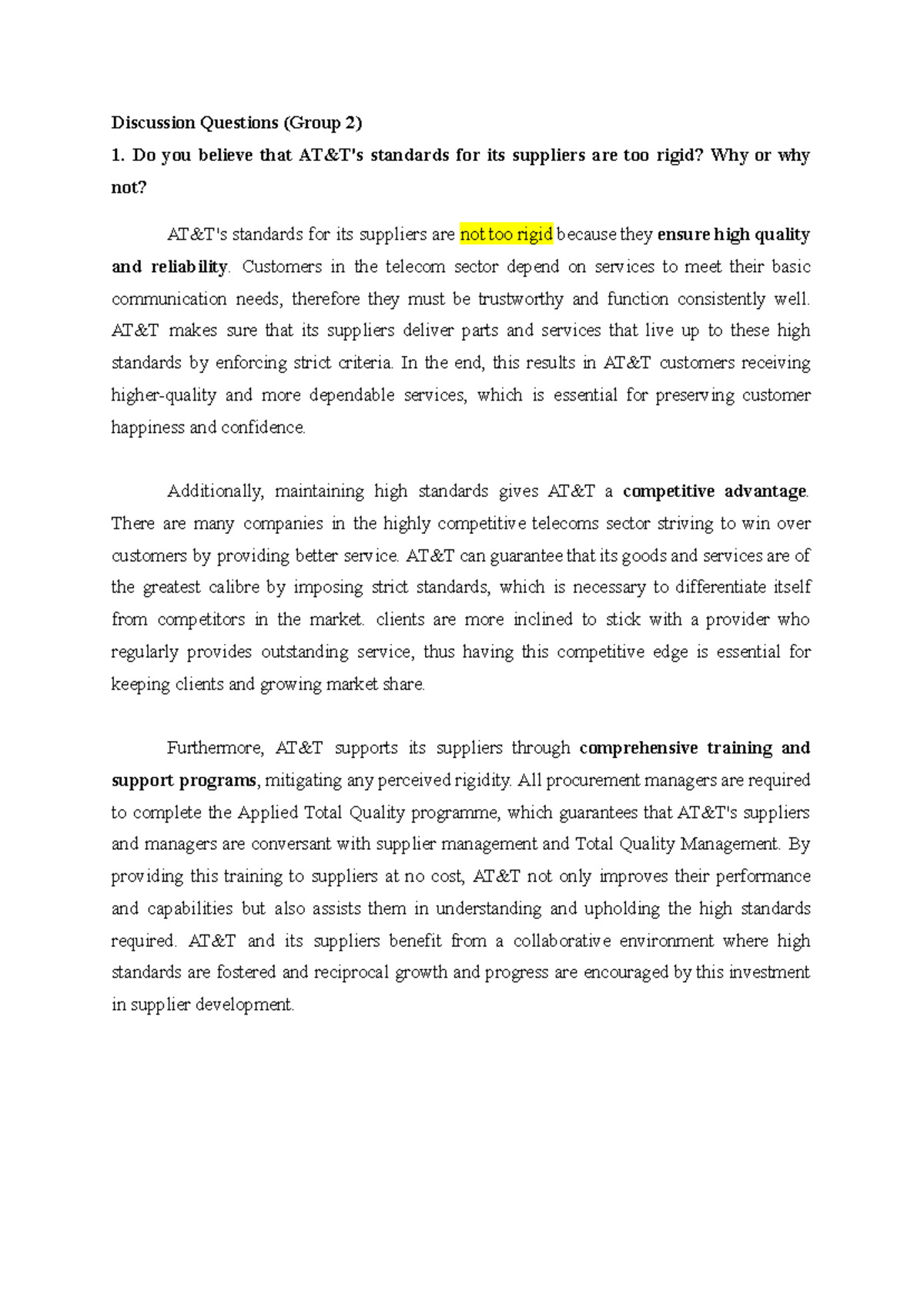 Case 9-1: AT&T: Setting High Standards for Suppliers and Rewarding ...