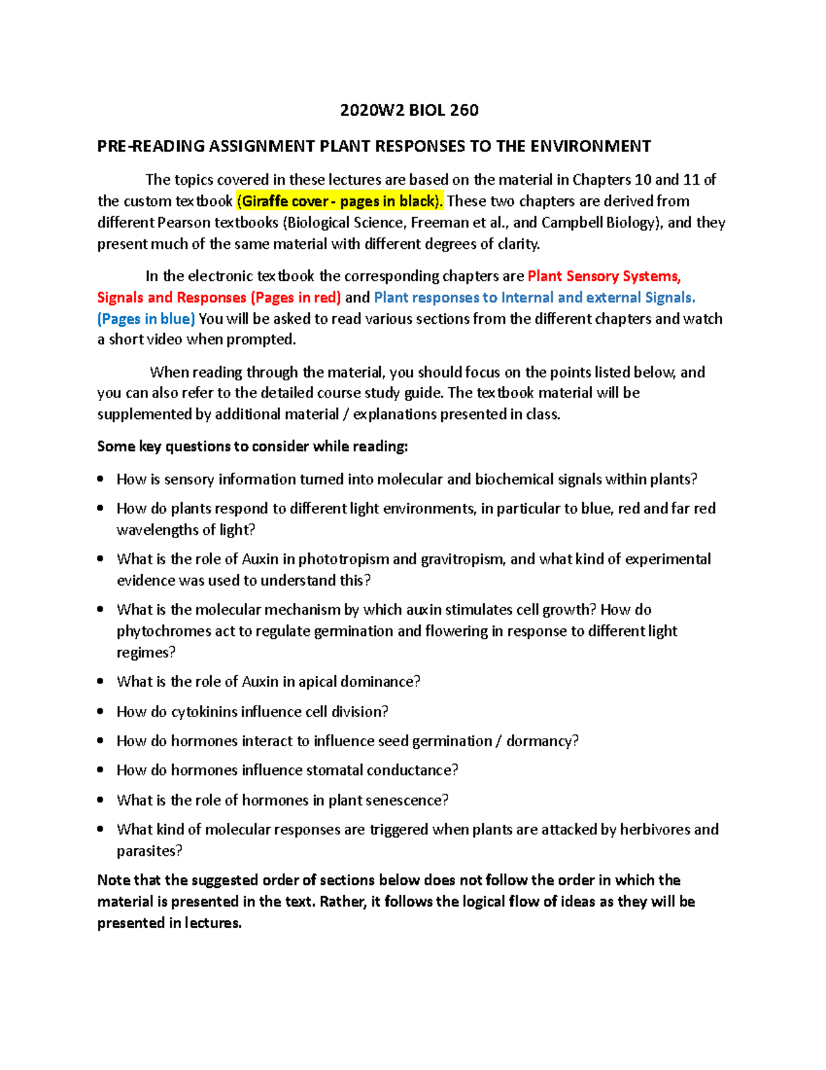 2020W2 BIOL 260 Pre-reading Plant Responses to the environment Updated ...