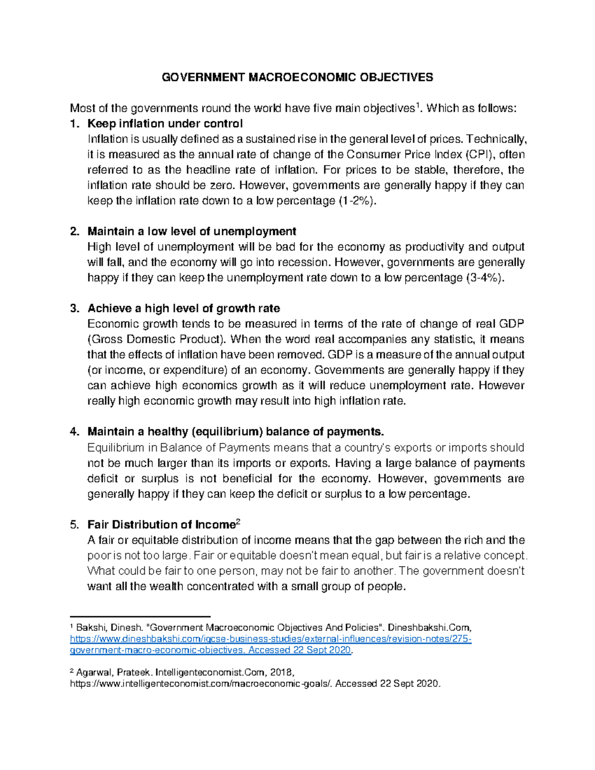 Macroeconomics Handout - GOVERNMENT MACROECONOMIC OBJECTIVES Most of ...