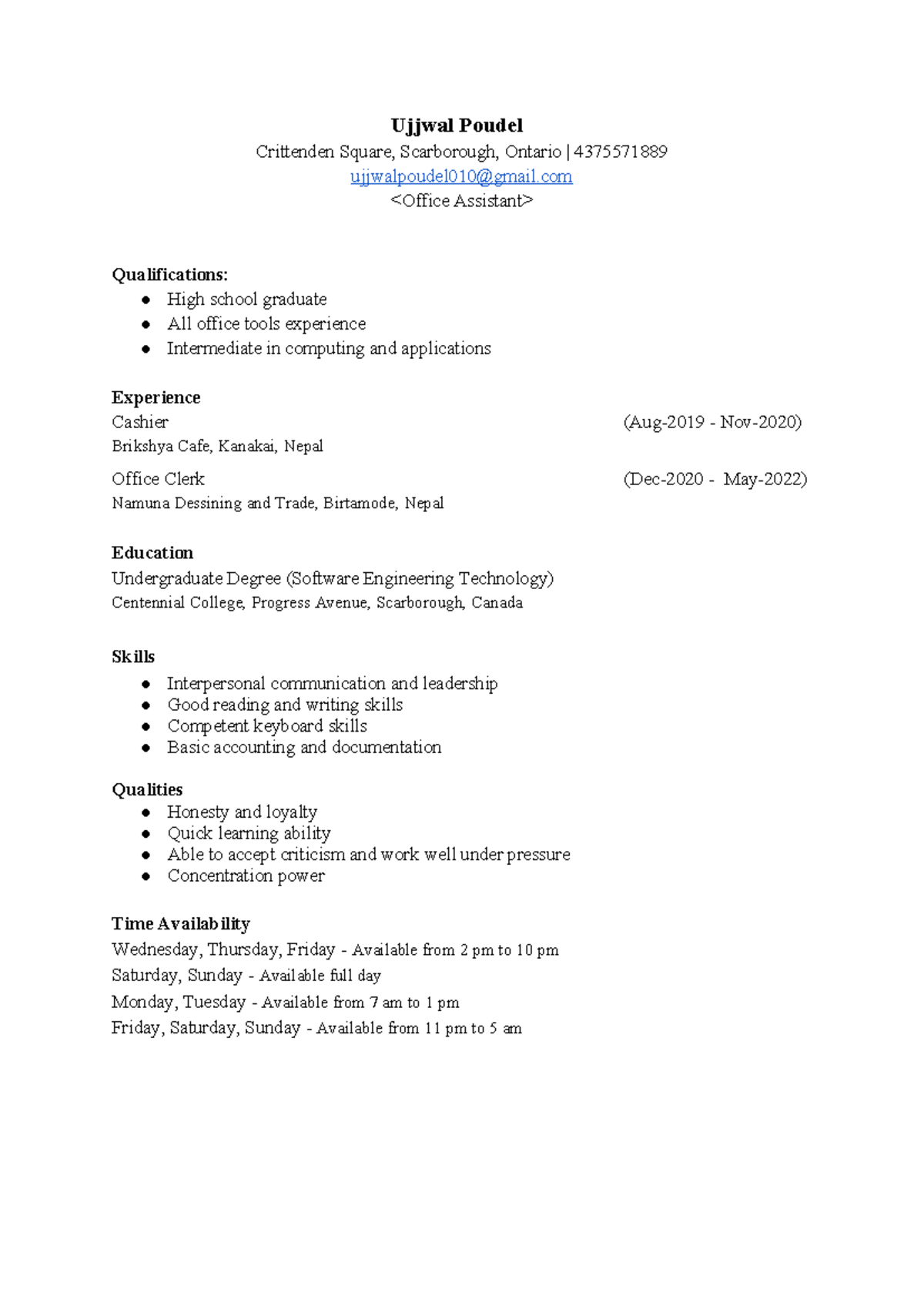 Officeresume - resume samples - Ujjwal Poudel Crittenden Square ...