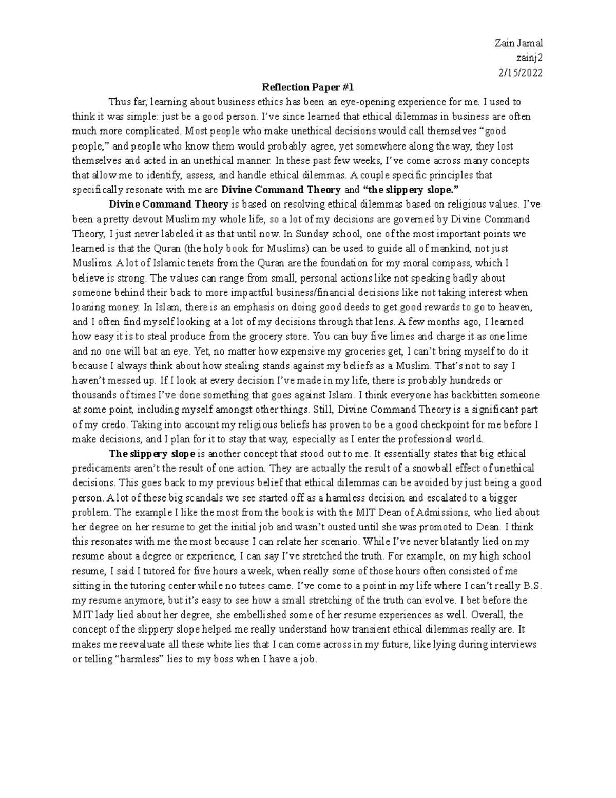 Reflection Paper #1 - Zain Jamal zainj 2/15/ Reflection Paper # Thus ...