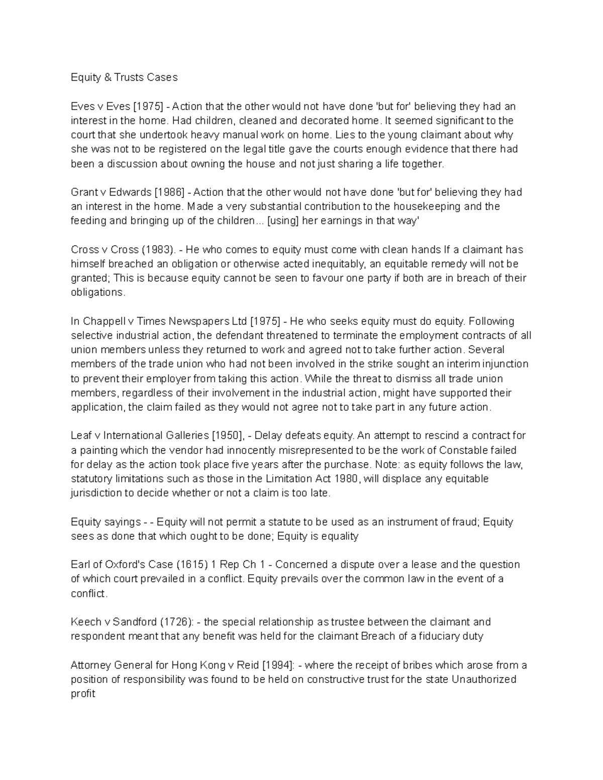 Equity & Trusts Cases - case notes - Equity & Trusts Cases Eves v Eves ...