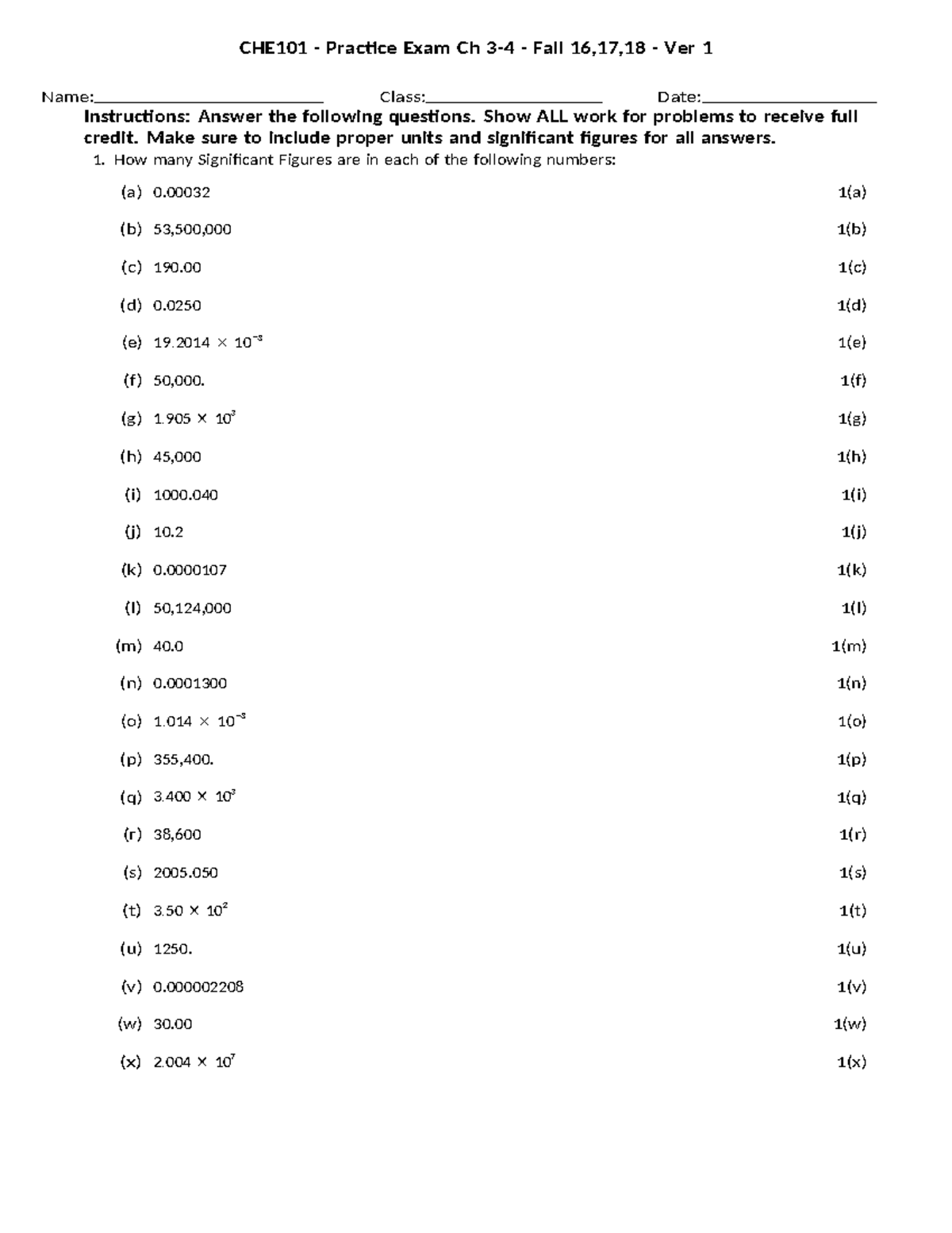 CHE101 E2 Practice F16 18 F21 - CHE101 - Practice Exam Ch 3-4 - Fall 16 ...