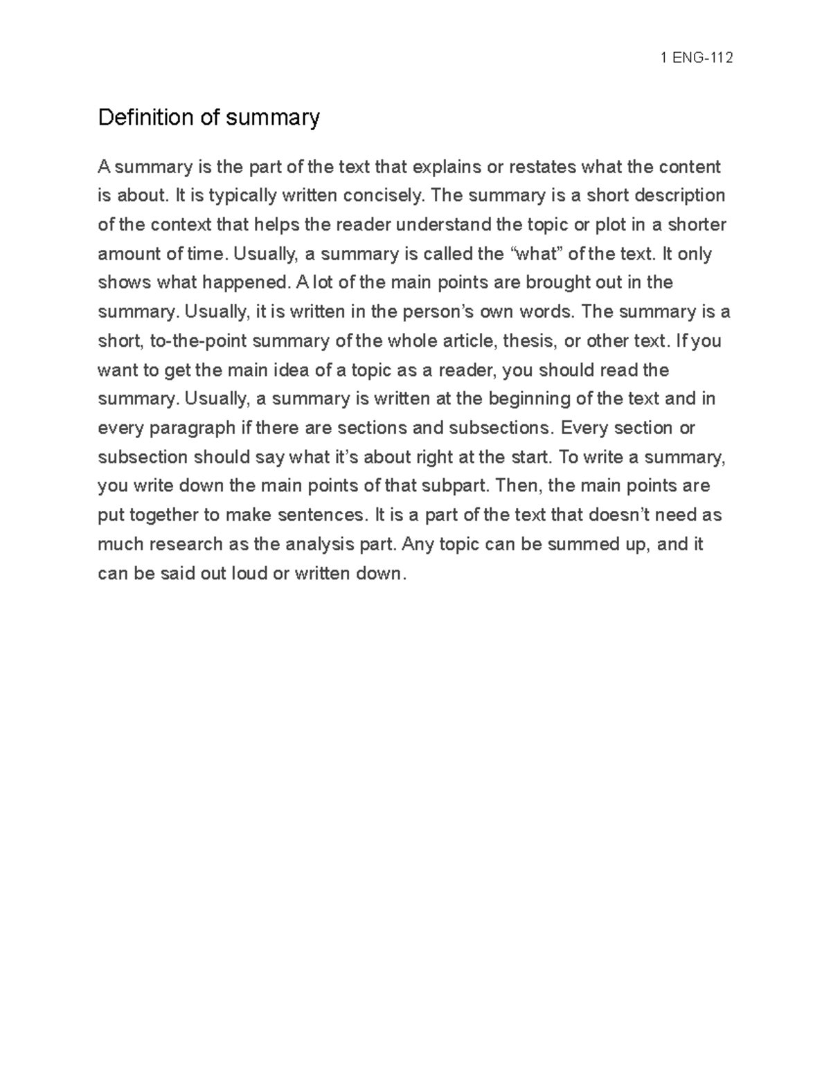 Analysis, Summary(Definitions) - 1 ENG- Definition of summary A summary ...
