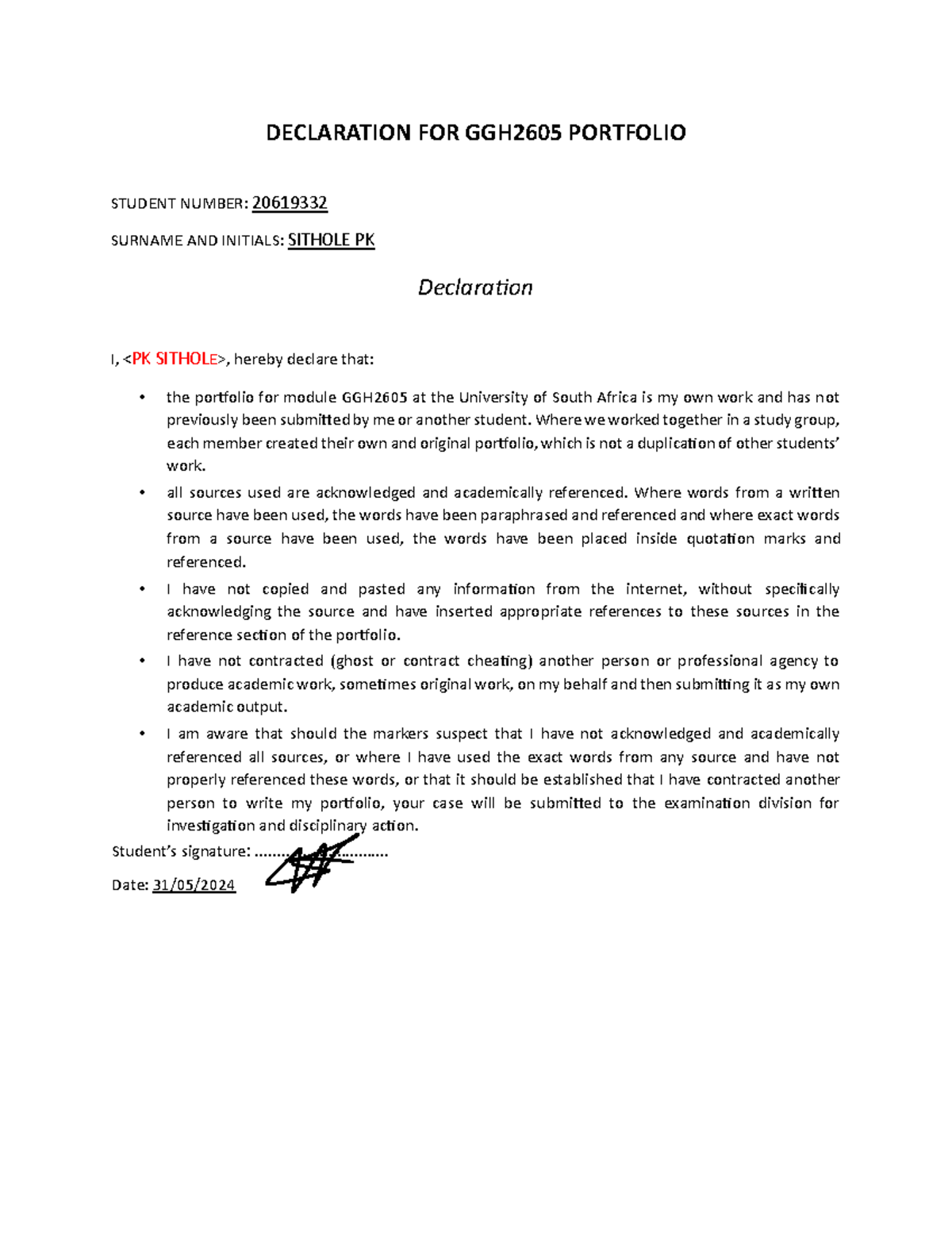 GGH2604 2024 may exam - the GG2604 June assasment - DECLARATION FOR ...