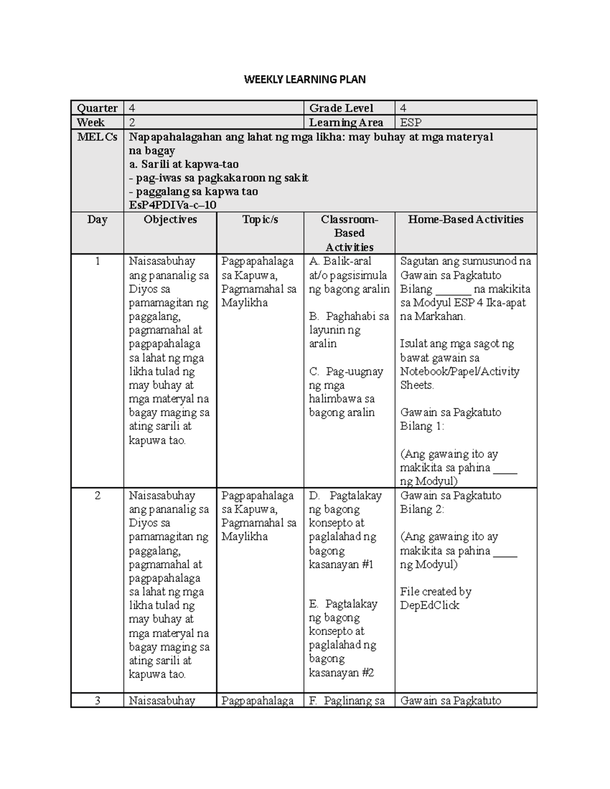 Weekly Learning PLAN - WEEKLY LEARNING PLAN Quarter 4 Grade Level 4 ...