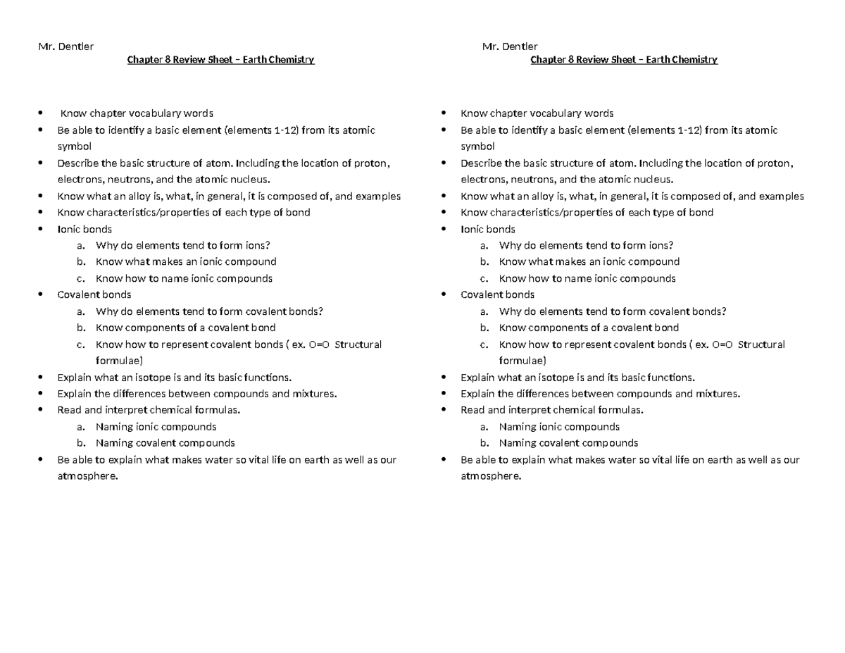 Chapter 17 Review Sheet - Mr. Dentler Mr. Dentler Chapter 8 Review Sheet – Earth Chemistry Know ...