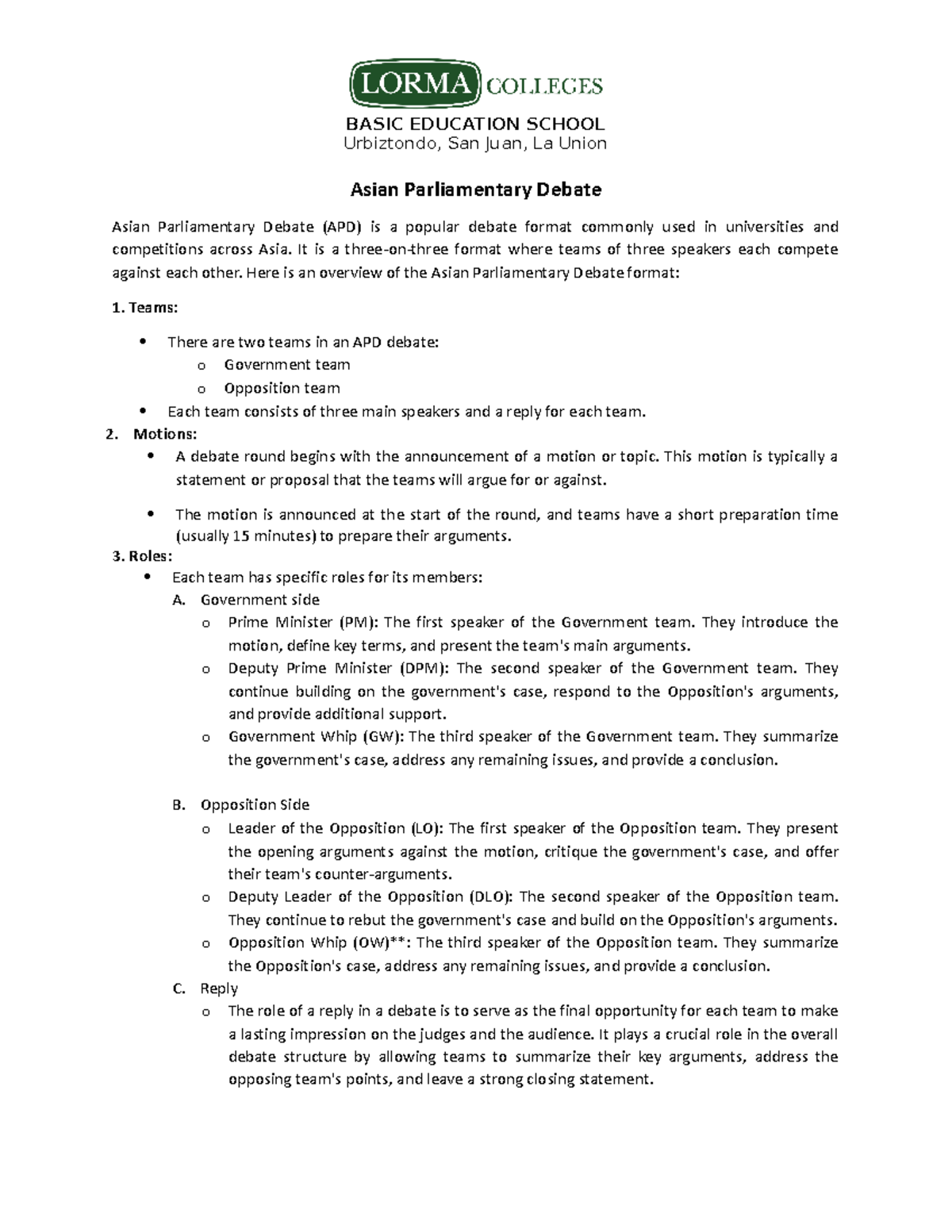 Asian Parliamentary Debate - BASIC EDUCATION SCHOOL Urbiztondo, San ...