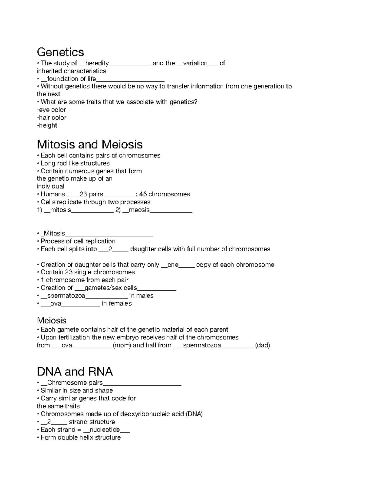 Genetics-Animals - fill in the blanks completed - Genetics • The study ...