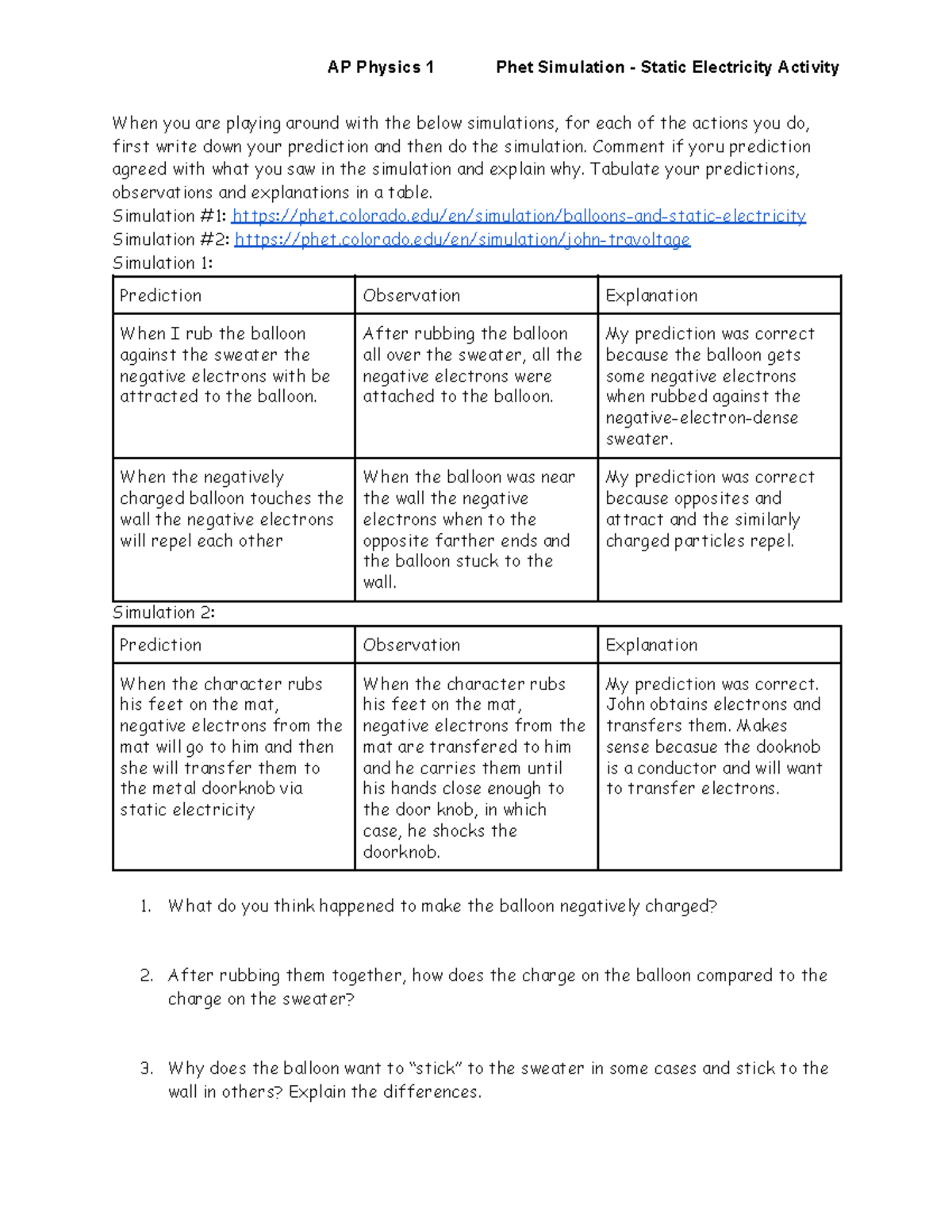 Static Electricity - Phet Activity - AP Physics 1 Phet Simulation ...