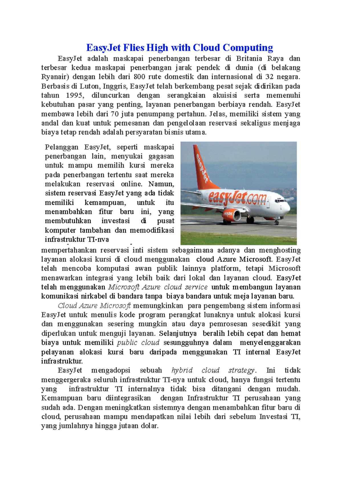 MIS Kasus Jet - Sistem Informasi Manajemen - EasyJet Flies High with Cloud Computing EasyJet ...