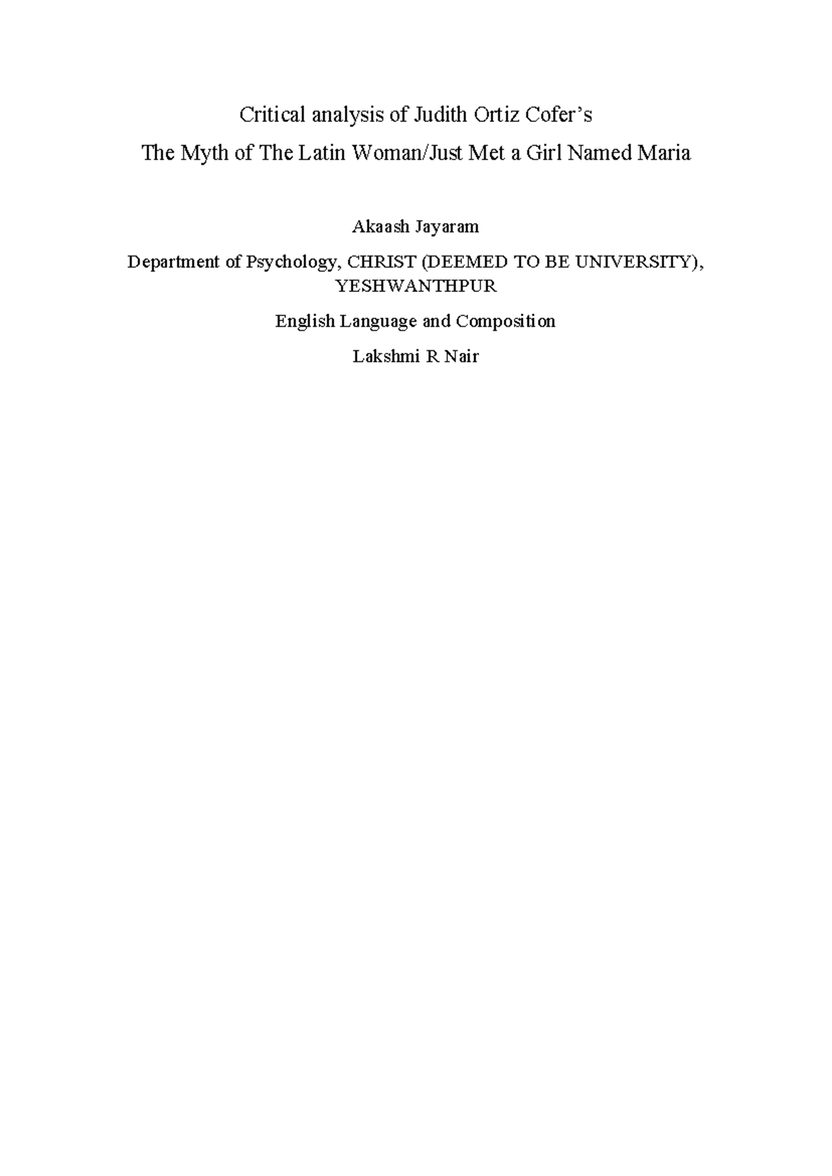 Critical analysis of Judith Ortiz Cofer - The tone of the essay is ...