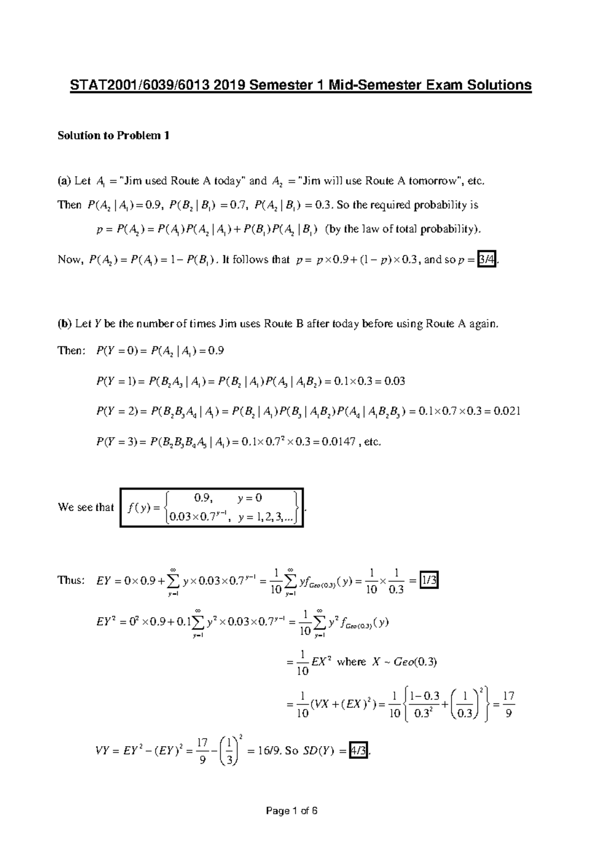 Exam January 2019, answers - STAT2001/6039/6013 2019 Semester 1 Mid ...