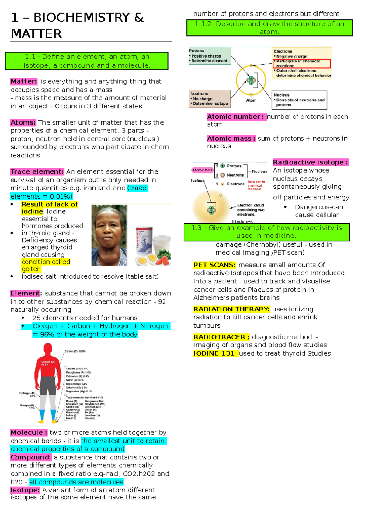 1. biological molecules notes - 1 – BIOCHEMISTRY & MATTER 1 - Define an ...