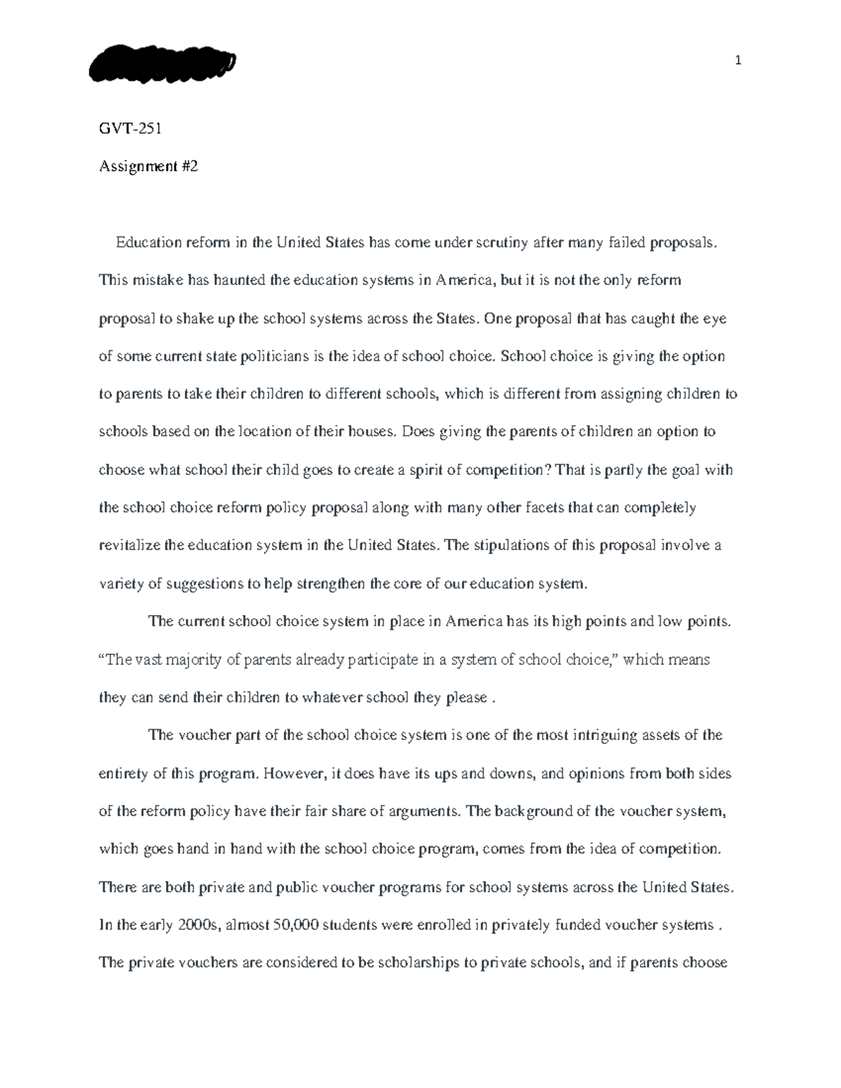 Assignment 2 gvt - Gov - GVT- Assignment # Education reform in the ...