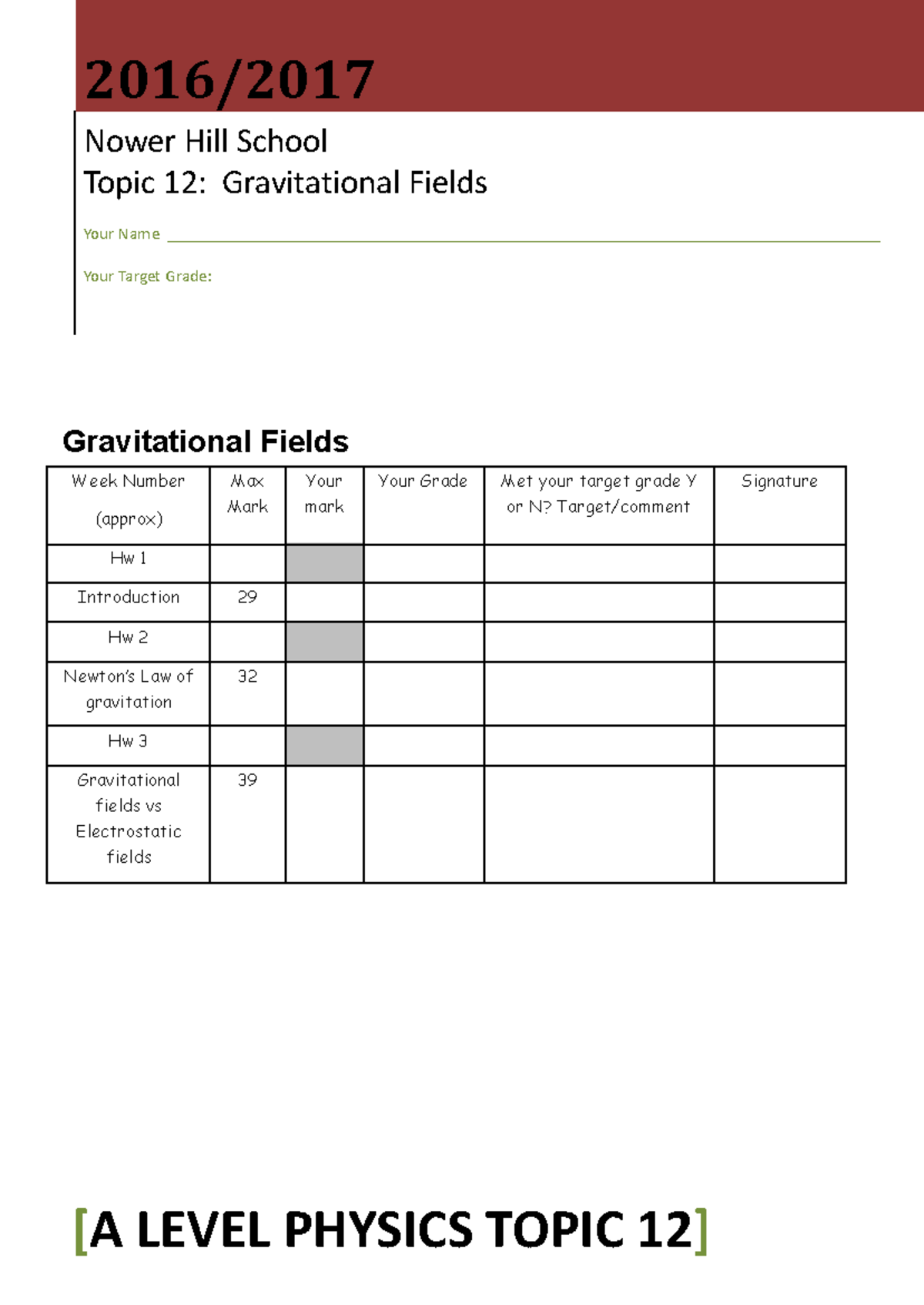 Copy of m.Topic 12 Grav Fields HW Booklet 2019 I - Gravitational Fields ...