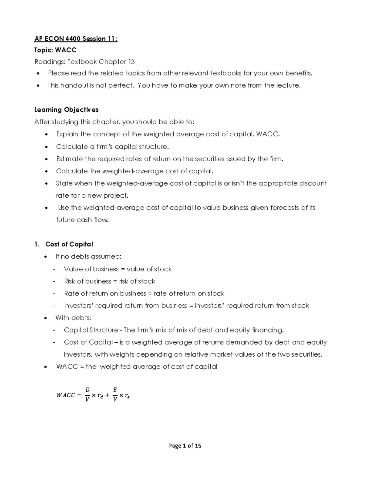AP ECON 4400 Session 11 - summary and formulas - AP ECON 4400 Session ...