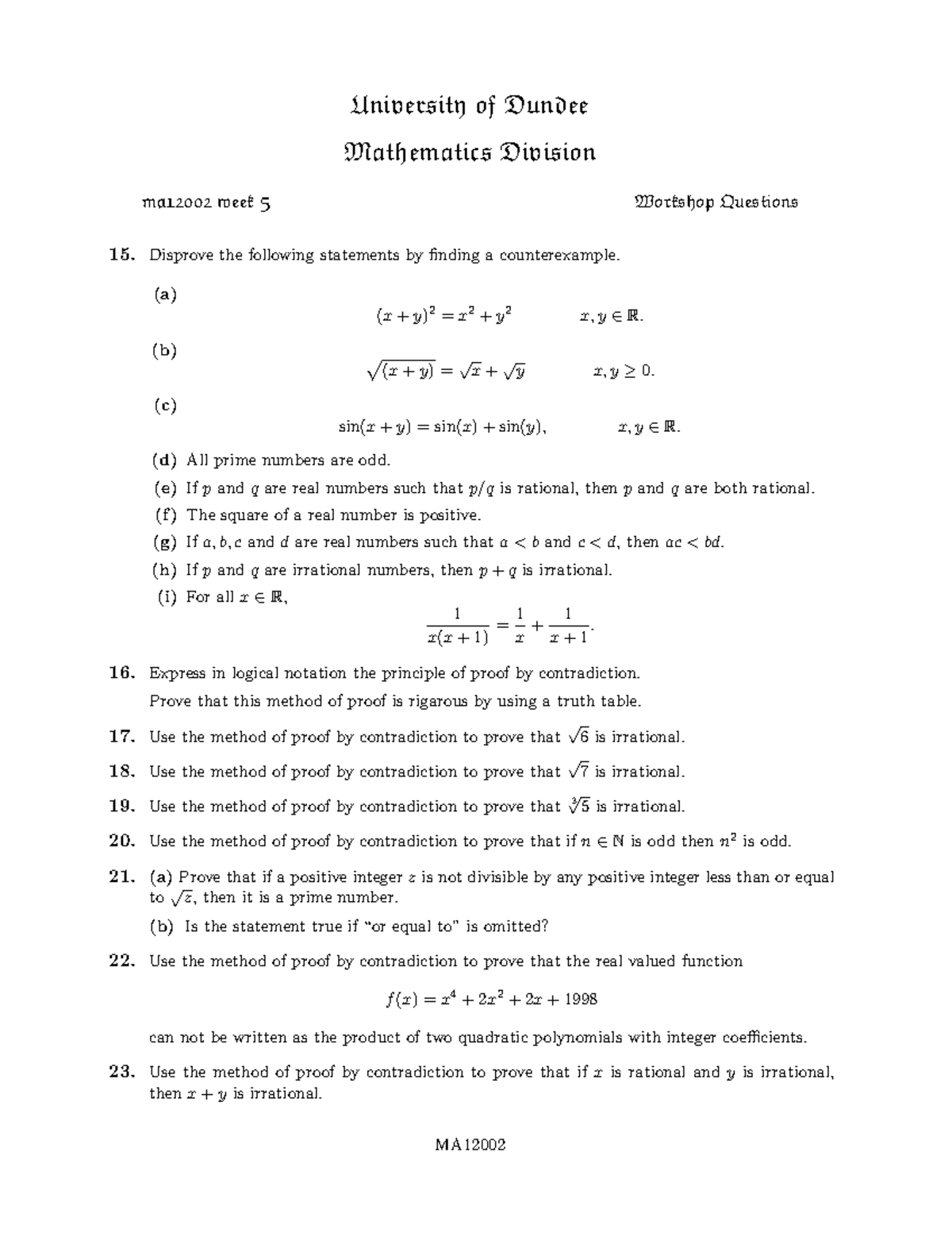 Ws5 - Worksheet 05 - University of Dundee Mathematics Division ma12002 ...