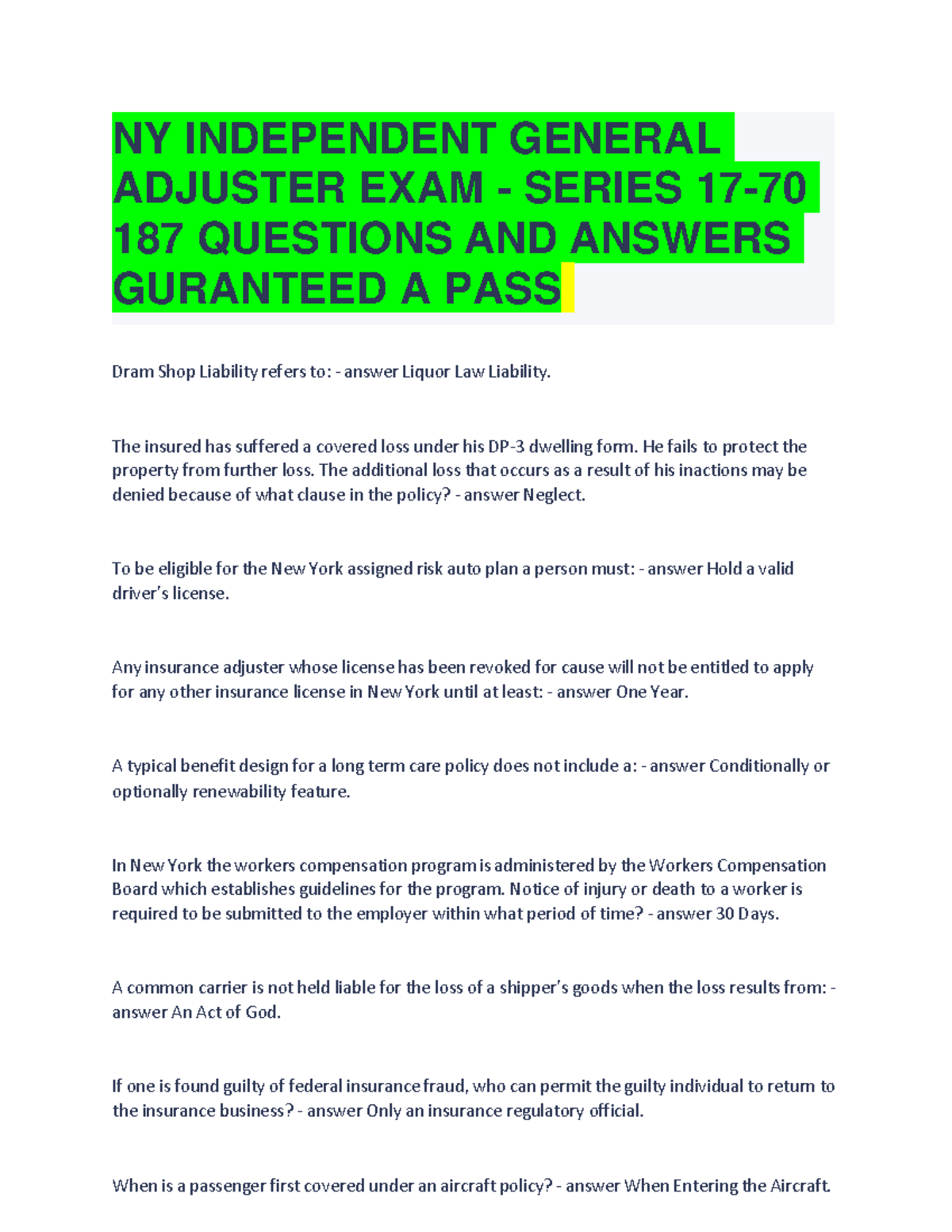 NY Independent General Adjuster EXAM - Series 17-70 187 Questions AND ...