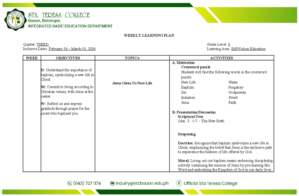 Jesus give us new life - WEEKLY LEARNING PLAN Quarter: THIRD Grade ...