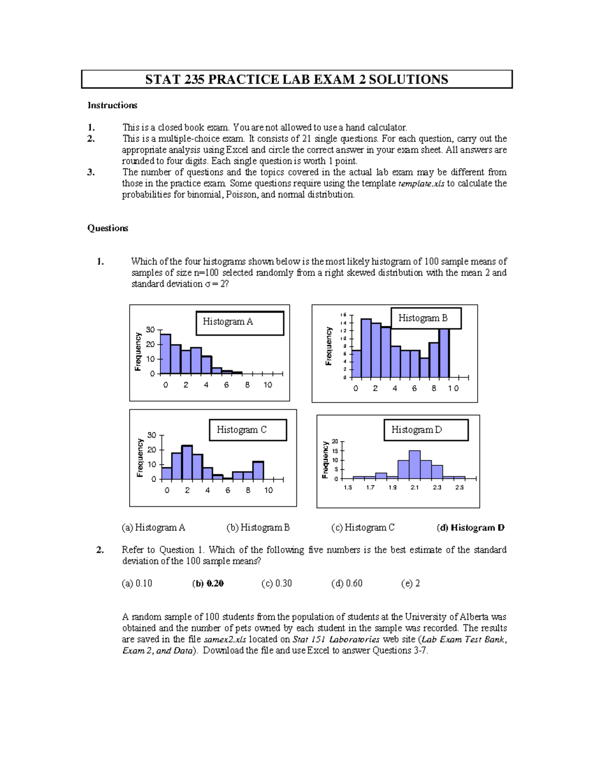 Samex 2soln - PRACTICE EXAM SOLUTION - STAT 235 PRACTICE LAB EXAM 2 ...