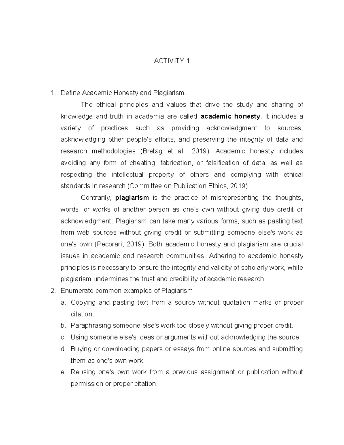 ACT 1 Business Research - ACTIVITY 1 Define Academic Honesty and ...
