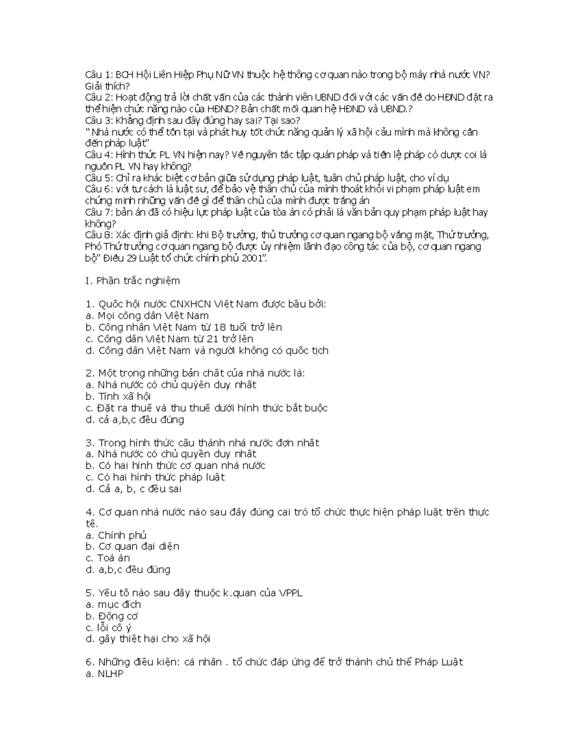 Cau hoi Phap luat dai cuong-trac nghiem - Luật kinh doanh - Đại học kinh tế TPHCM - Studocu