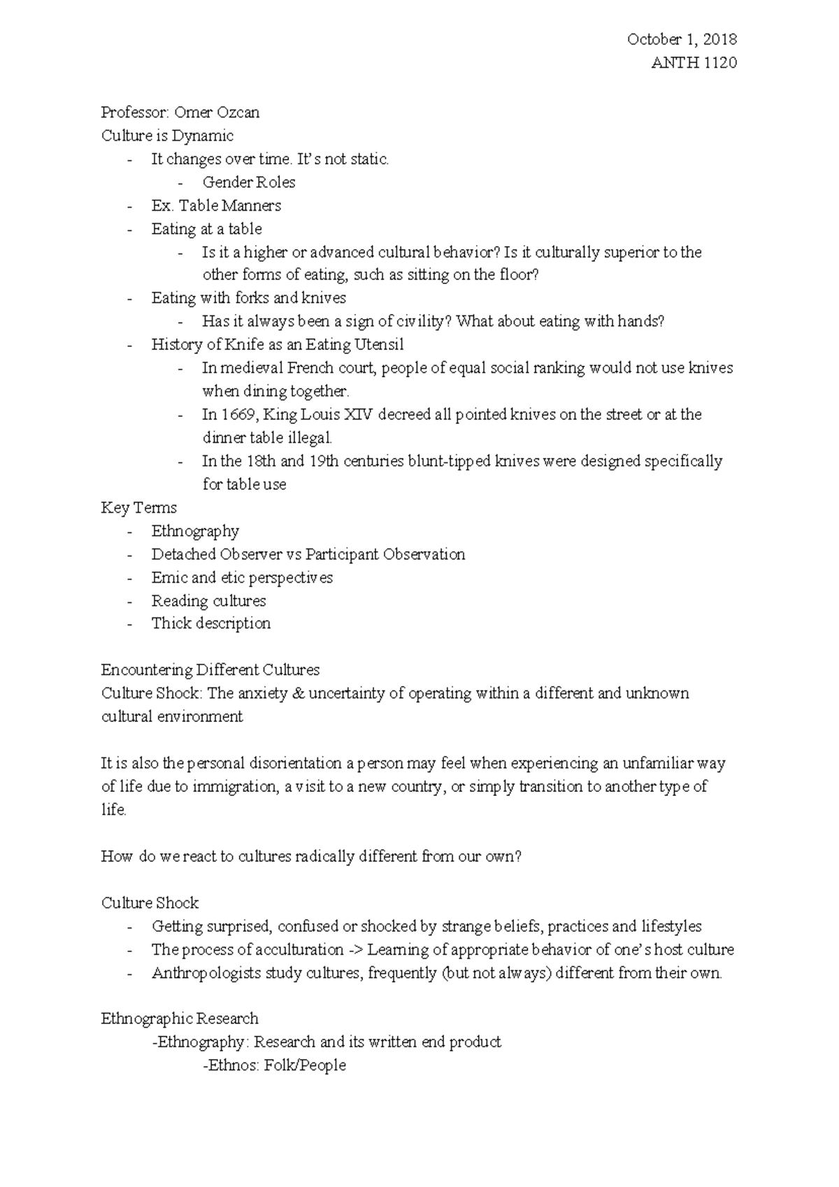 Anth 1120 Lecture Notes 4 October 1 2018 Anth 1120 Professor Omer Ozcan Culture Is Dynamic