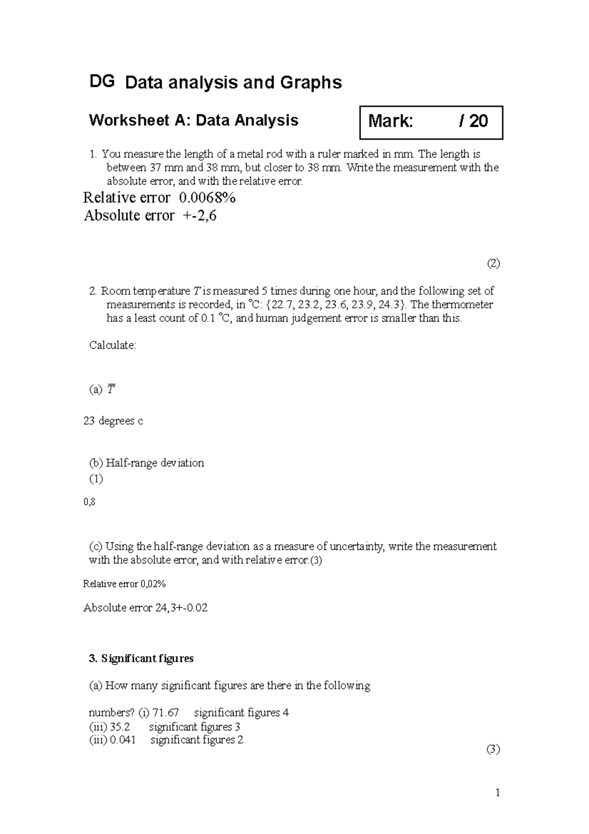 Physics answers - 1 DG Data analysis and Graphs Worksheet A: Data ...