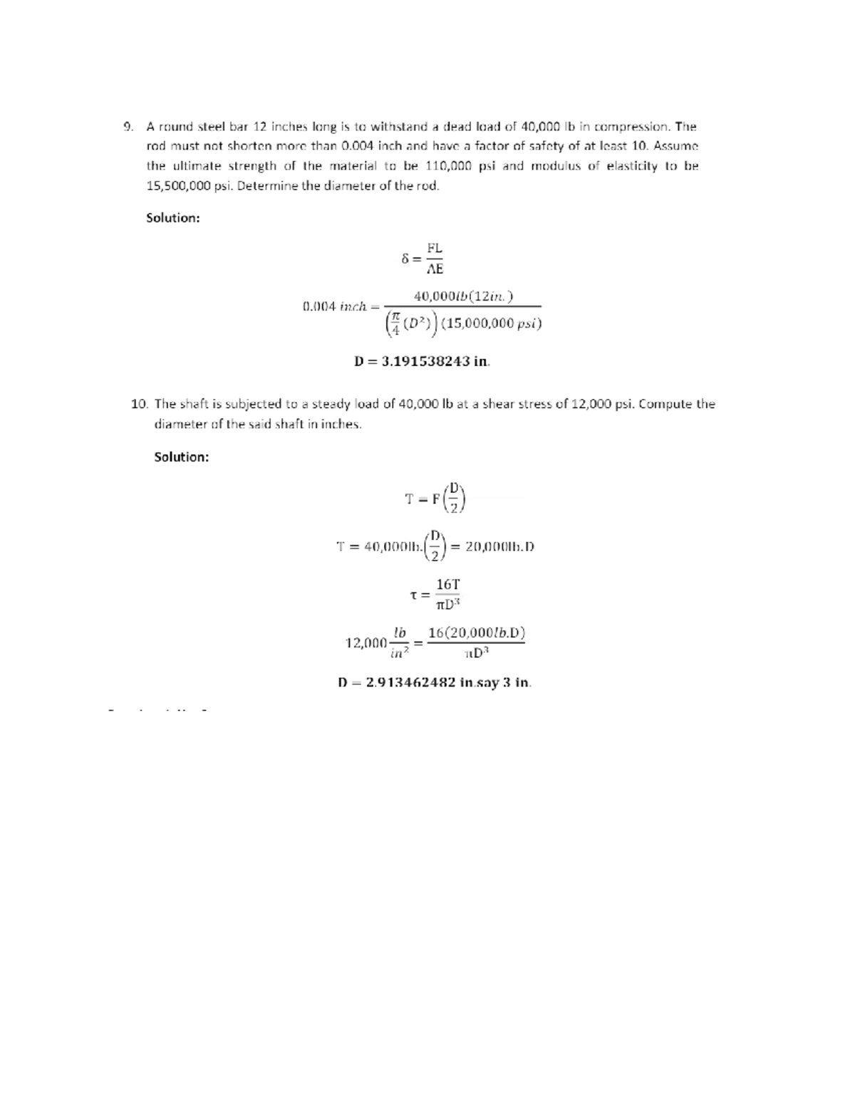 Sample prob with solution - 9. A round steel bar 12 inches long is to ...