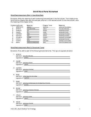 Unit 1 - A worksheet for unit 1 - HCA 1301, Basic Medical Terminology ...
