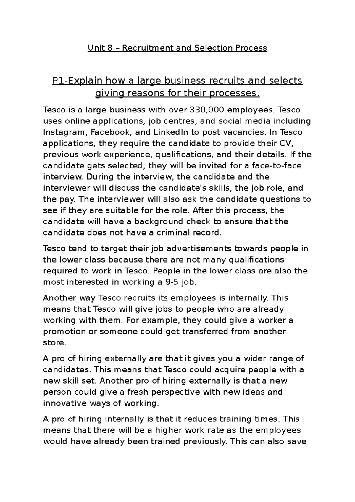 Unit 8 assignment 1 - unit 8 - Unit 8 – Recruitment and Selection Process P1-Explain how a large ...