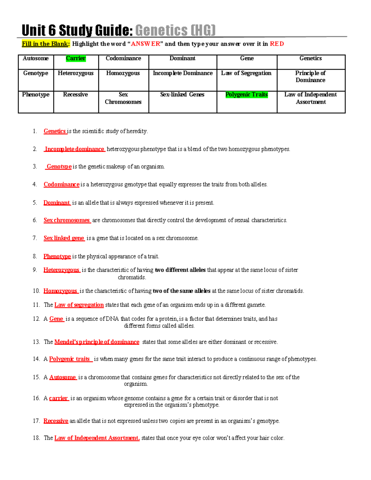 Answers - Unit 6 Genetics SG (F22) - Unit 6 Study Guide: Genetics (HG ...
