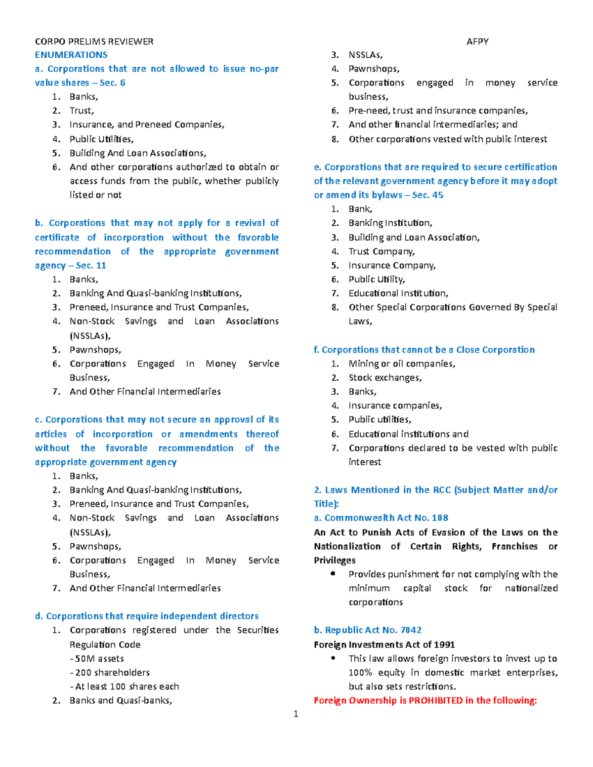 Corpo Prelims Reviewer - ENUMERATIONS a. Corporations that are not ...
