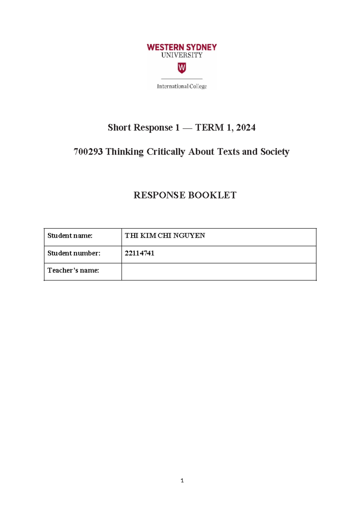 Response Booklet -Short Response 1 - Short Response 1 — TERM 1, 2024 ...