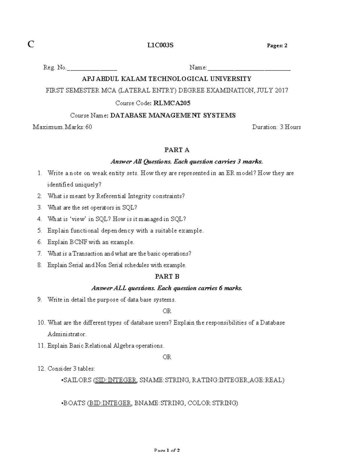 Database Management Systems S1 LMCA KTU 2017 - C L1C003S Pages: 2 Reg ...