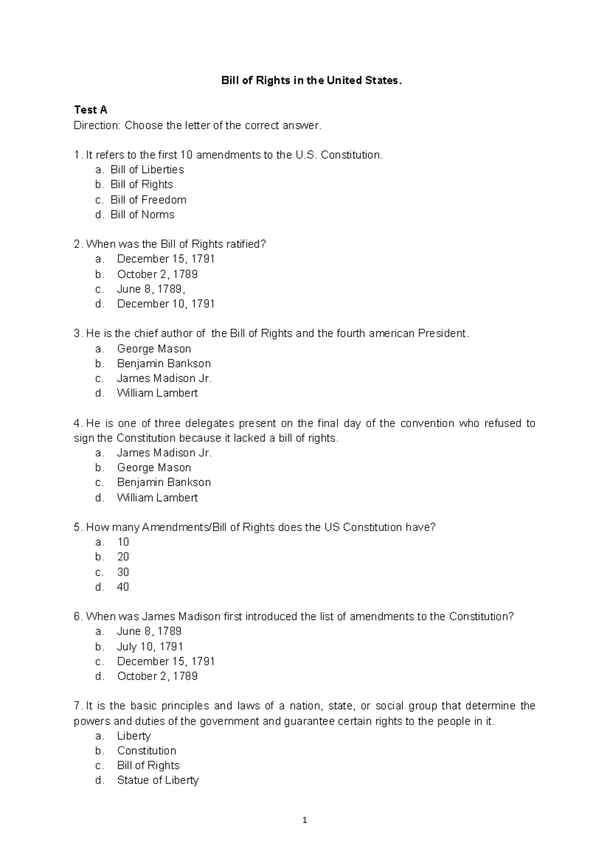 Group-4-Bill of Rights in the United States (QUIZ & Answer KEY) - 1 ...