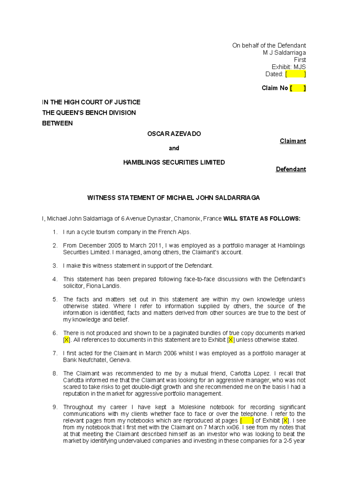 DR 11 - Witness Statement - Prep Task - On behalf of the Defendant M J ...