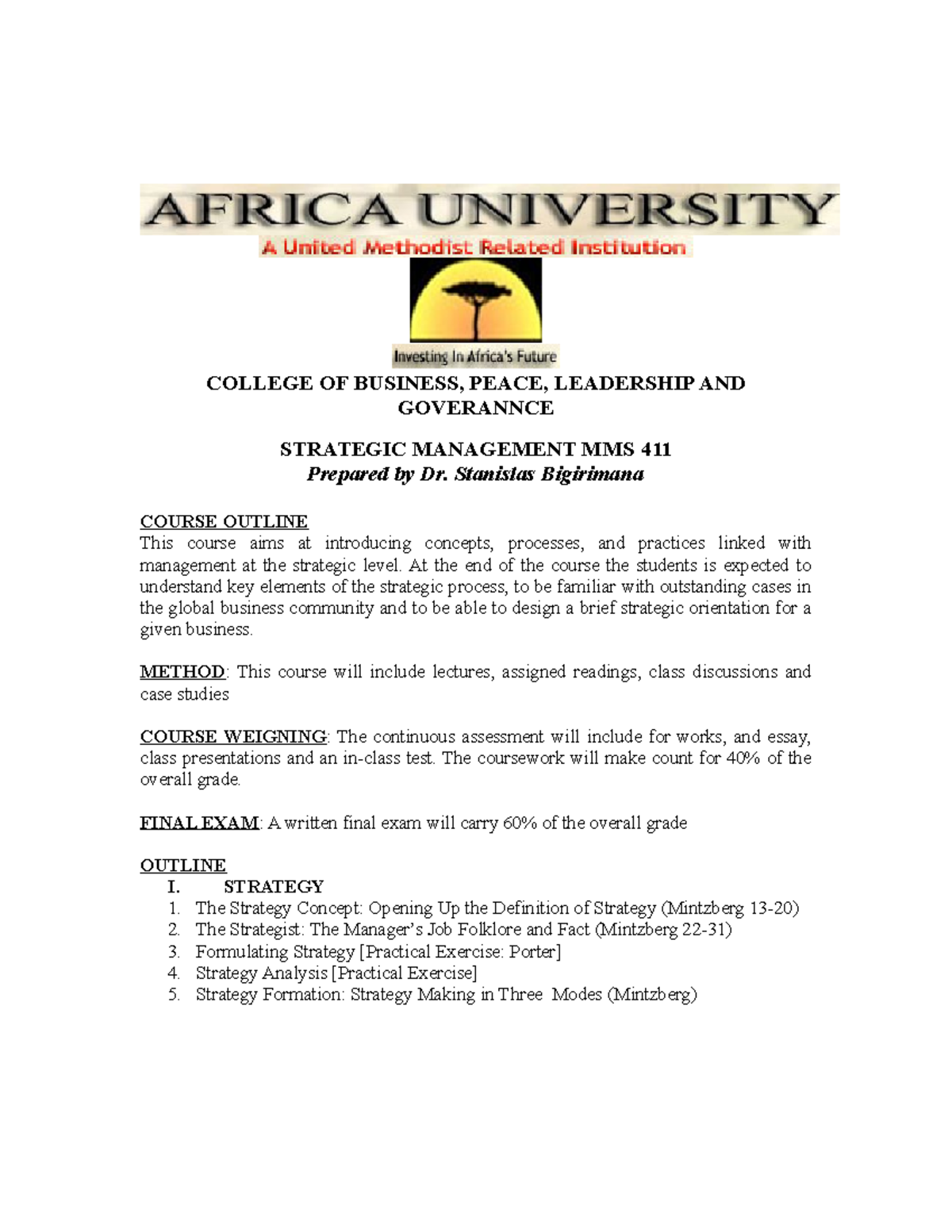 MMS411 Strategic Management- Course Outline - COLLEGE OF BUSINESS ...