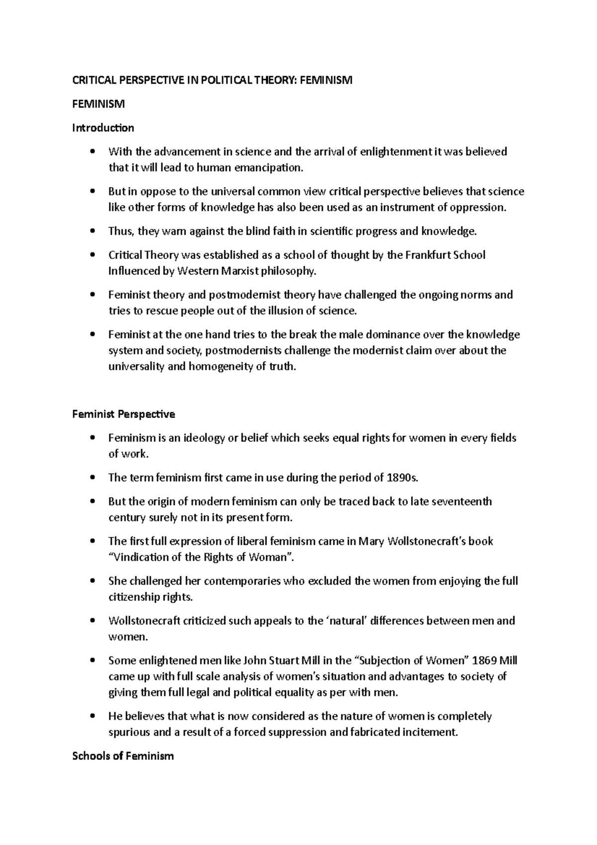 DSC1 unit 4 - CRITICAL PERSPECTIVE IN POLITICAL THEORY: FEMINISM ...