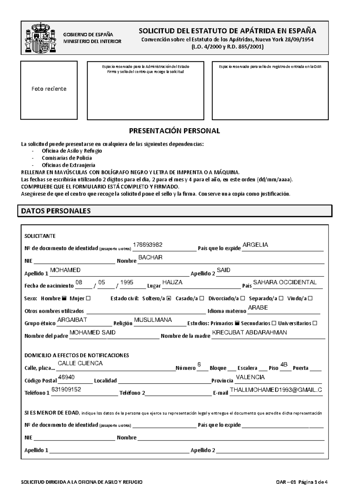 Formulario solicitud apatrida rellenable - GOBIERNO DE ESPAÑA ...