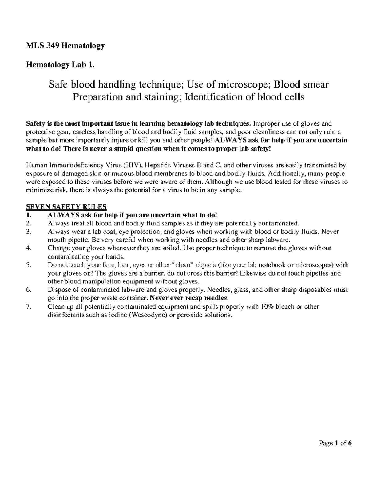 MLSP 349 Hematology lab manual-lab 1 - MLS 349 Hematology Hematology ...