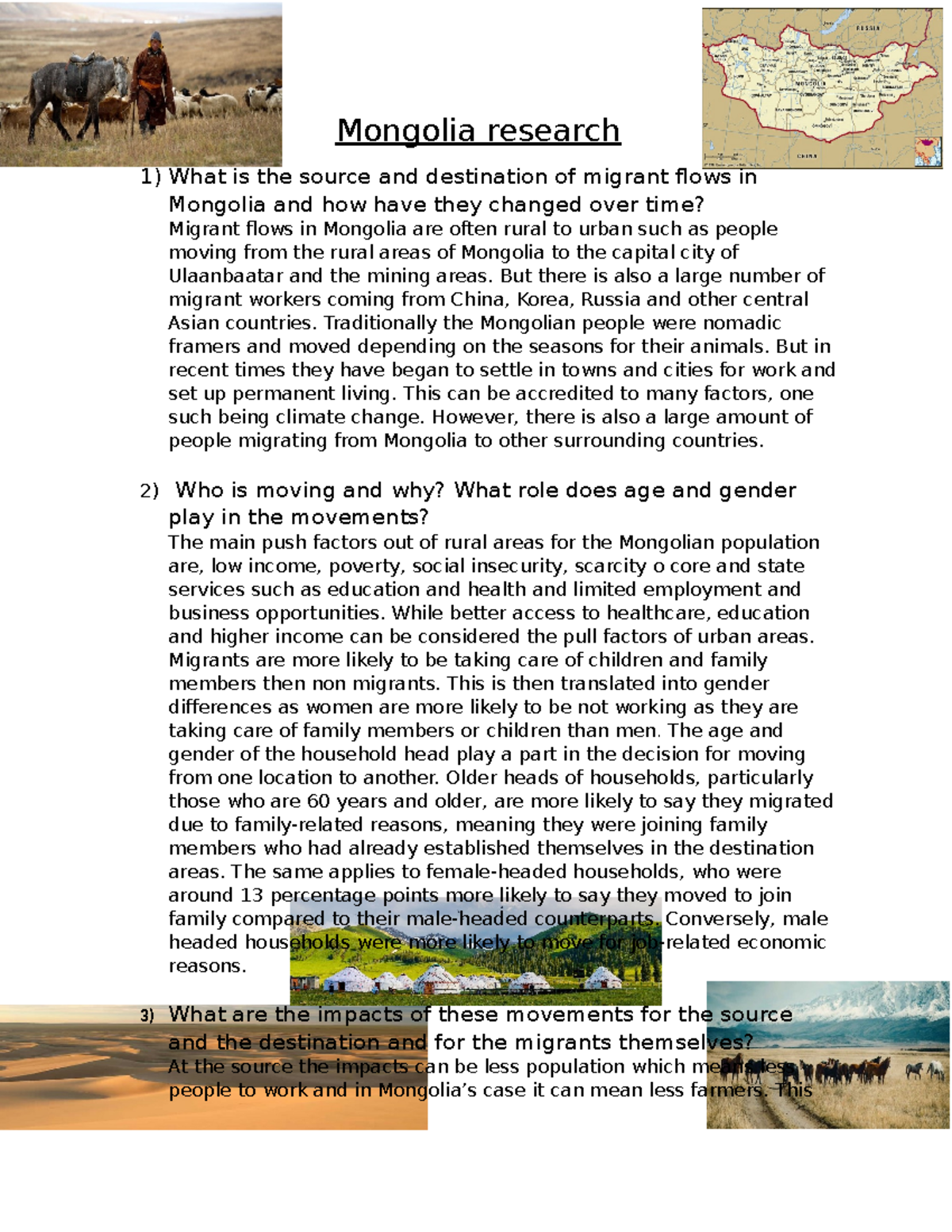 Mongolia research - schoolwork - Mongolia research 1) What is the ...