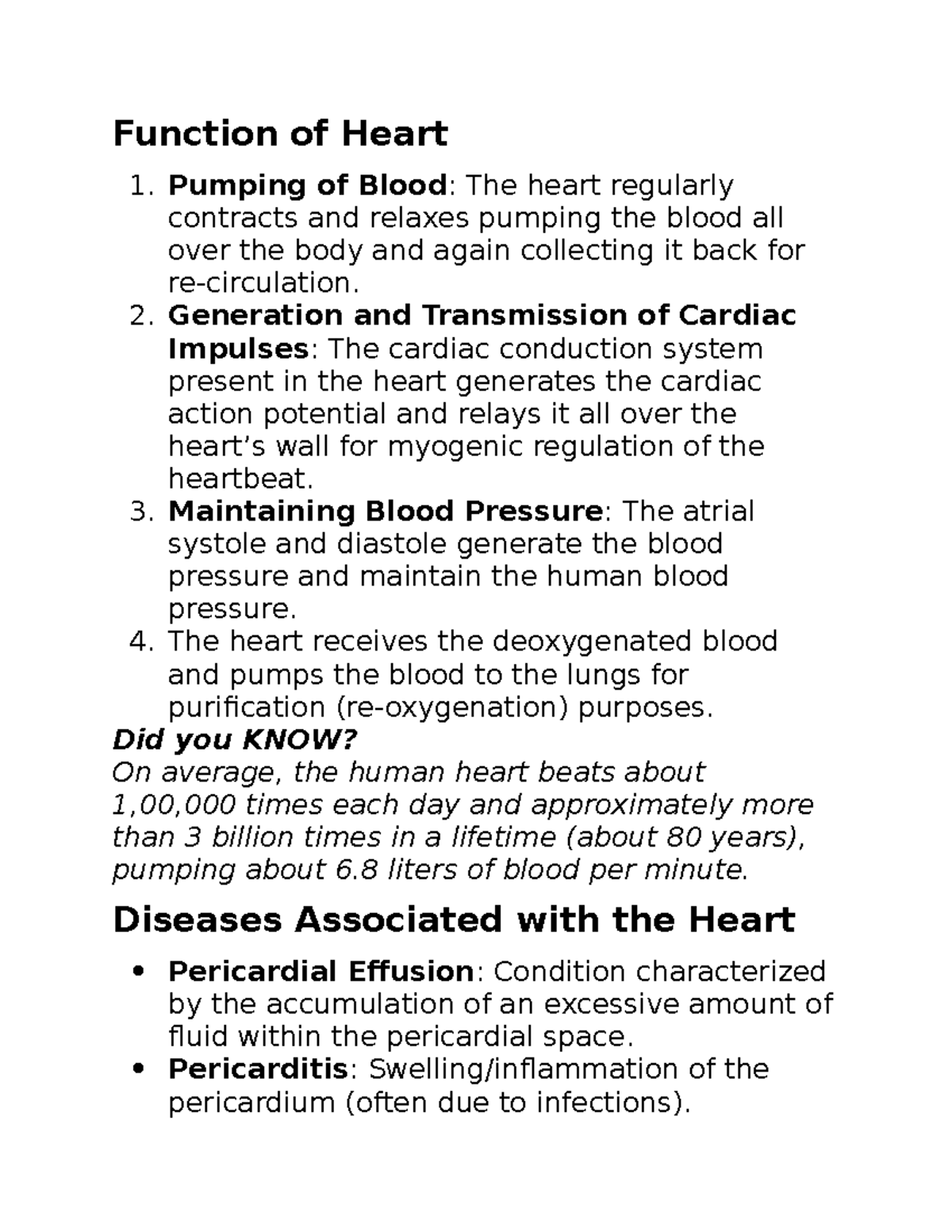 Bio 8 - notes - Function of Heart Pumping of Blood: The heart regularly ...